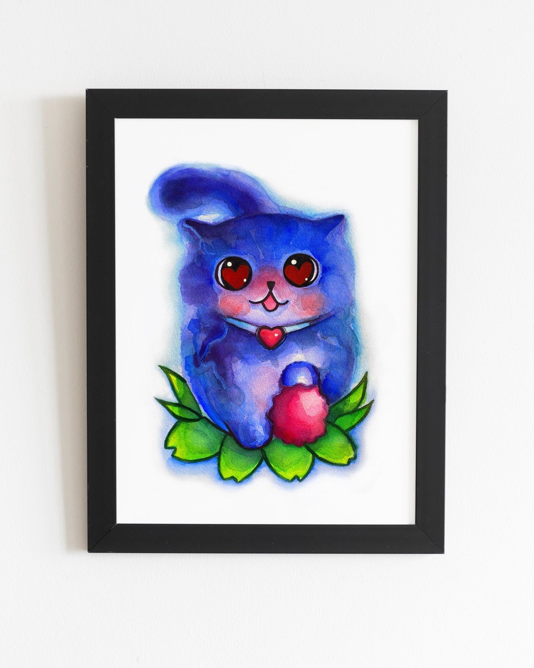 Small Blue Cat With Red Eyes Printable Room Art, Unique Watercolor ...
