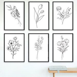 Flower Line Art Prints, Set of 6 Prints, Floral Print, Flower Wall Art ...