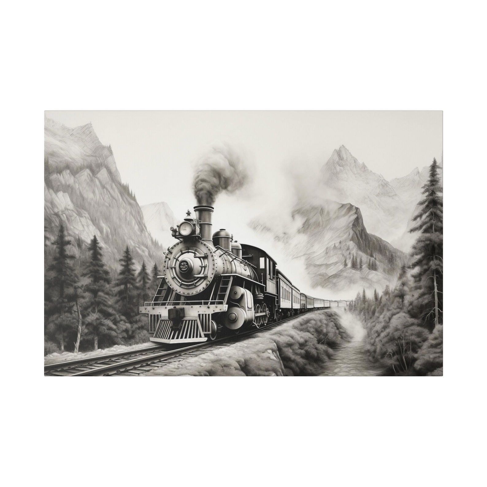 Steam Train Artwork Mountain Scenery Pencil Sketch on Canvas - Etsy