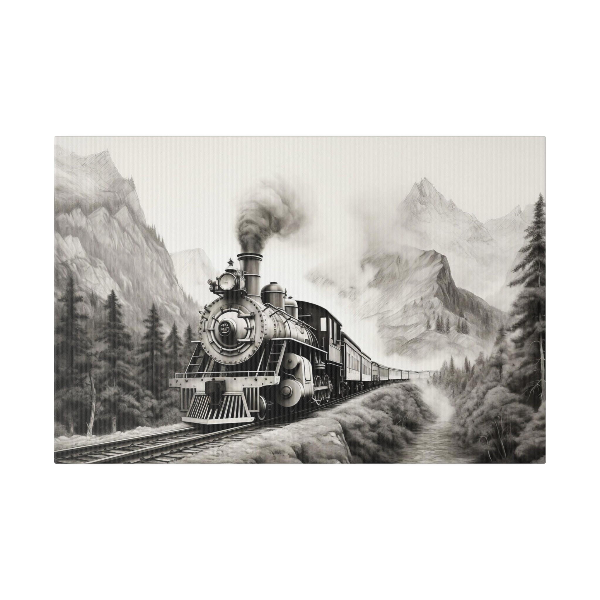 Steam Train Artwork Mountain Scenery Pencil Sketch on Canvas - Etsy