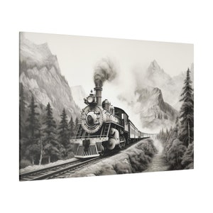 Steam Train Artwork Mountain Scenery Pencil Sketch on Canvas - Etsy