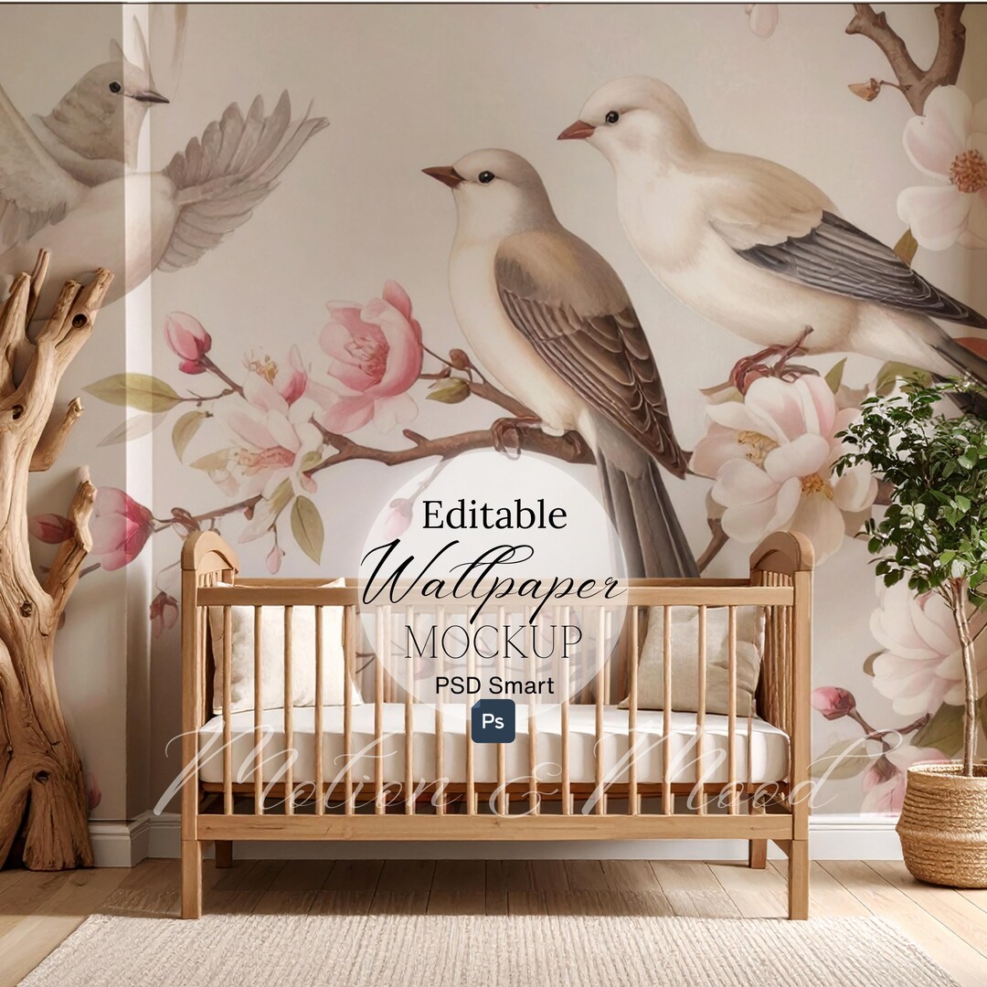 Nature Themed Nursery Mural Mockup, Gender Neutral Baby Room Wallpaper ...