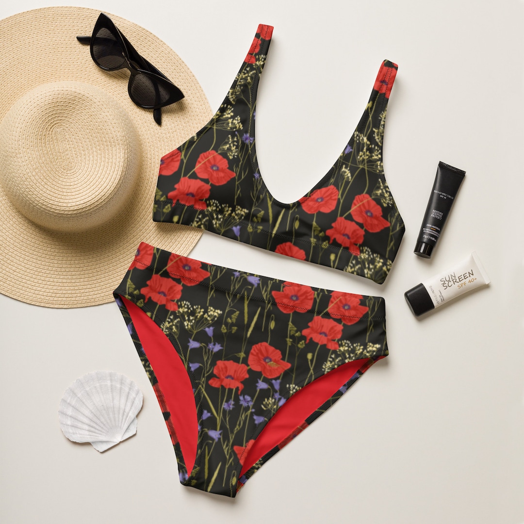 Red Poppy Bikini Set Retro Romantic Floral Crop Top Bikini Vintage High ...