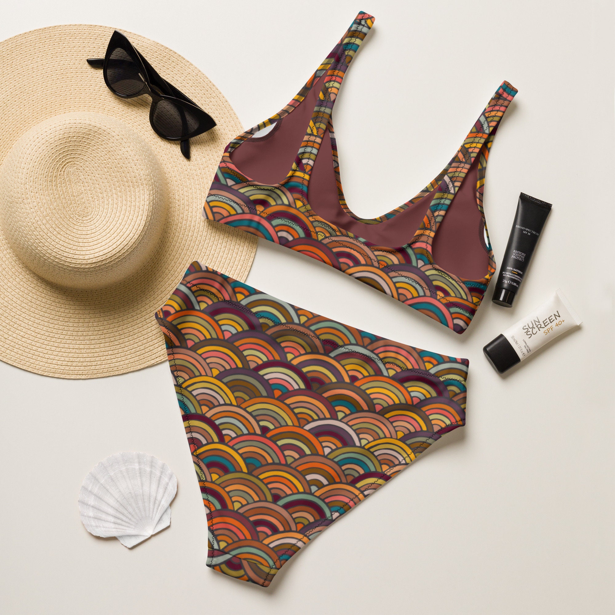 70s Rainbow Mosaic Bikini Set Retro Hippie Crop Top Bikini Vintage High ...