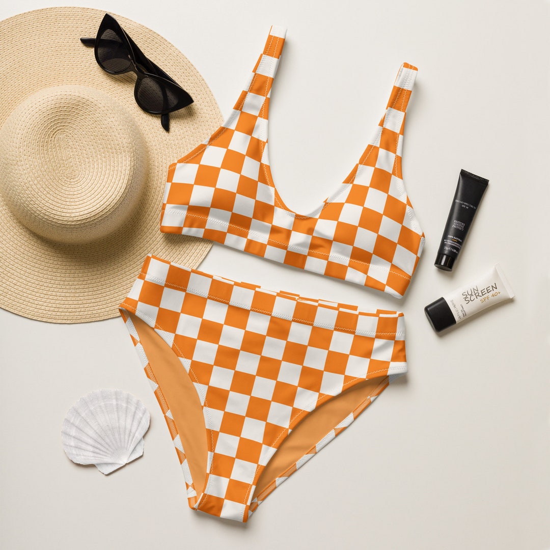70s Groovy Orange Checkered Bikini Set | Retro Hippie Crop Top Bikini ...