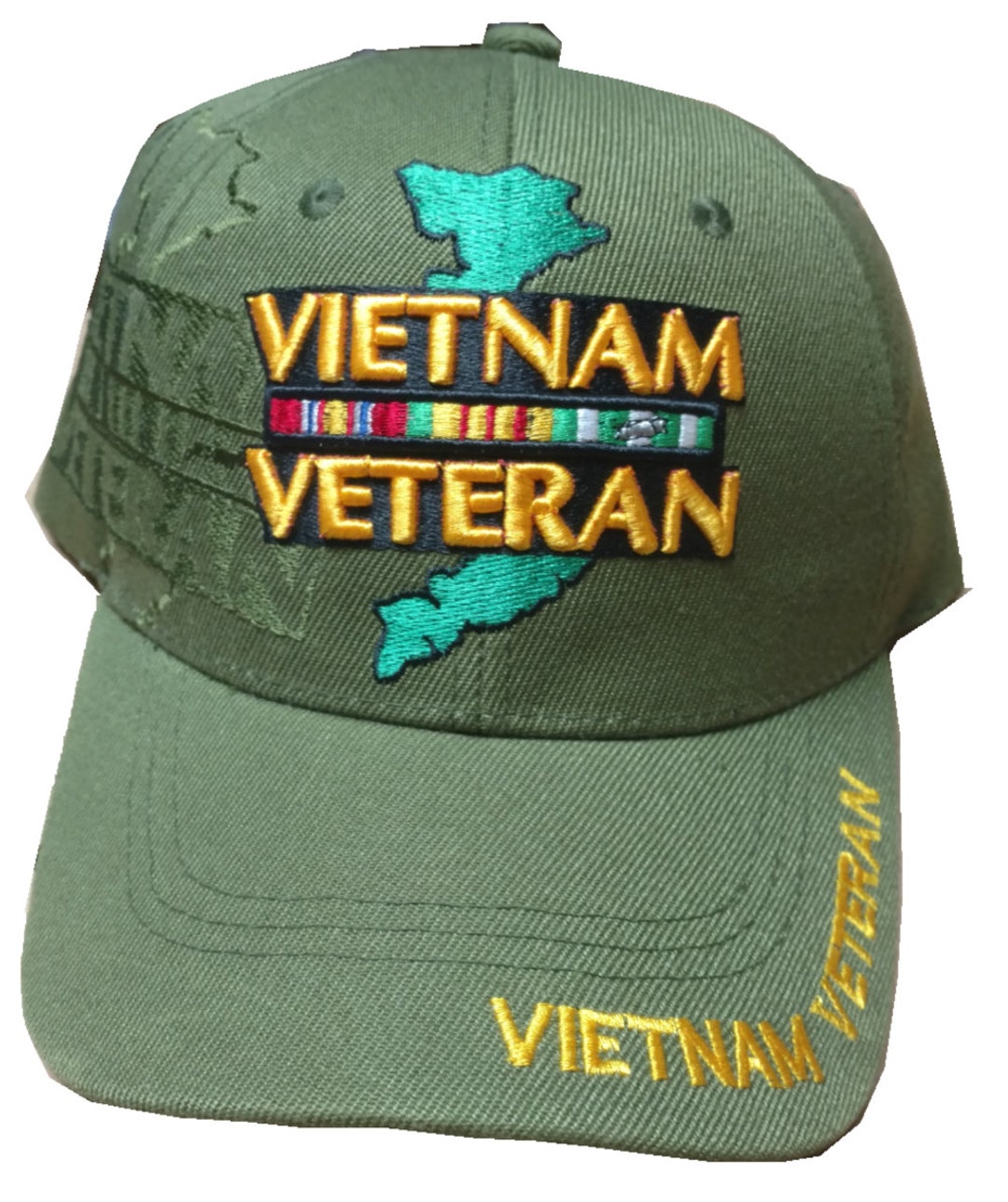 Vietnam Veteran, Ribbons & Map, Ribbons Shadow, Gold Letters, Green Hat ...