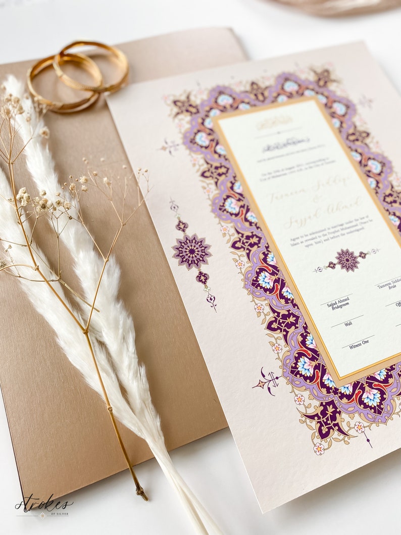 Nikah Certificate & Feather Pen BUNDLE, Lavender Purple Gold, Nikahnama ...