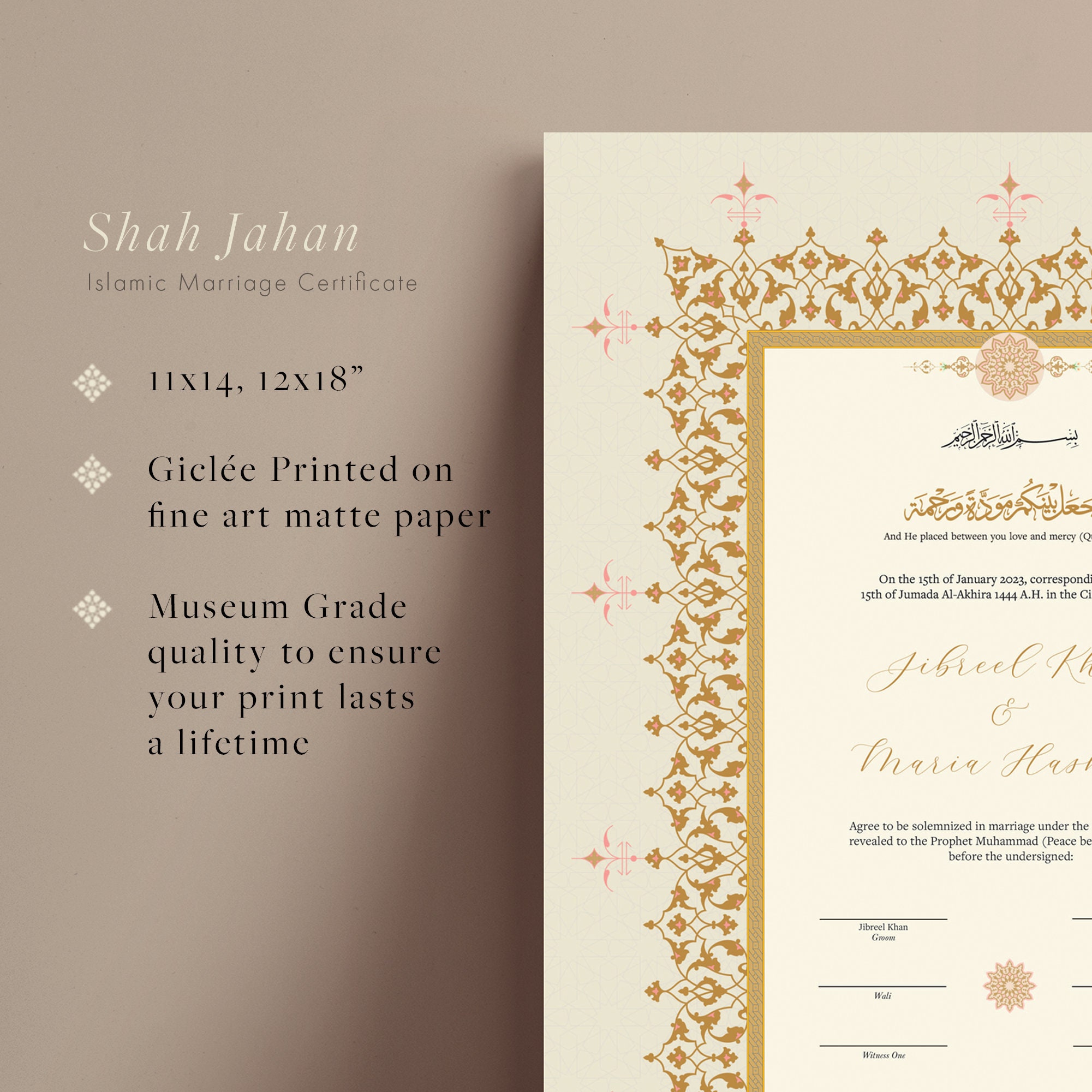 Nikah Certificate & Feather Pen BUNDLE, Beige Gold White, Nikahnama ...