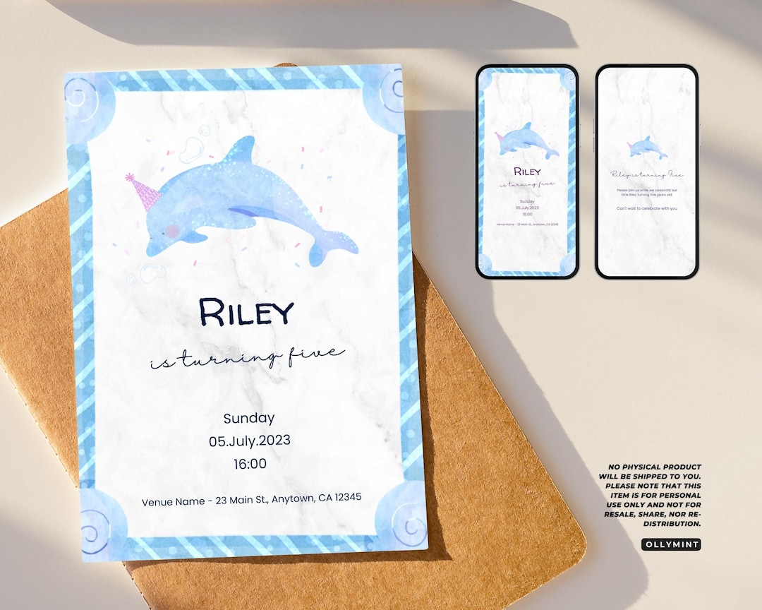 Dolphin Theme Digital Kids Birthday Invitation Editable on Canva ...