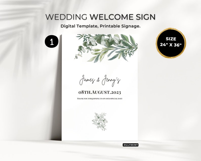 Wedding Welcome Sign Digital Printable Template Minimalistic Green Leaf ...