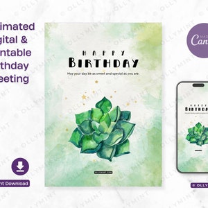 Cute Digital Animated Birthday Card Green Cactus Printable Birthday ...
