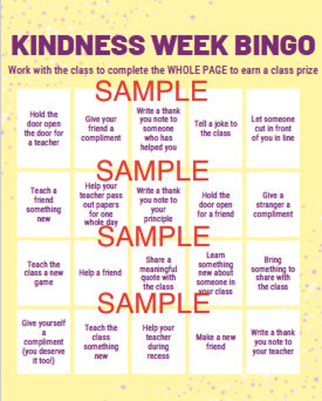 Kindness Bingo Middle and High School - Etsy
