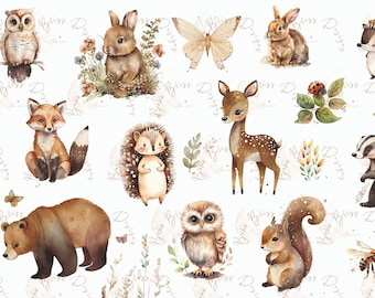 Woodland Animals Watercolor Clipart, Forest Animals Clip Art , Nursery ...