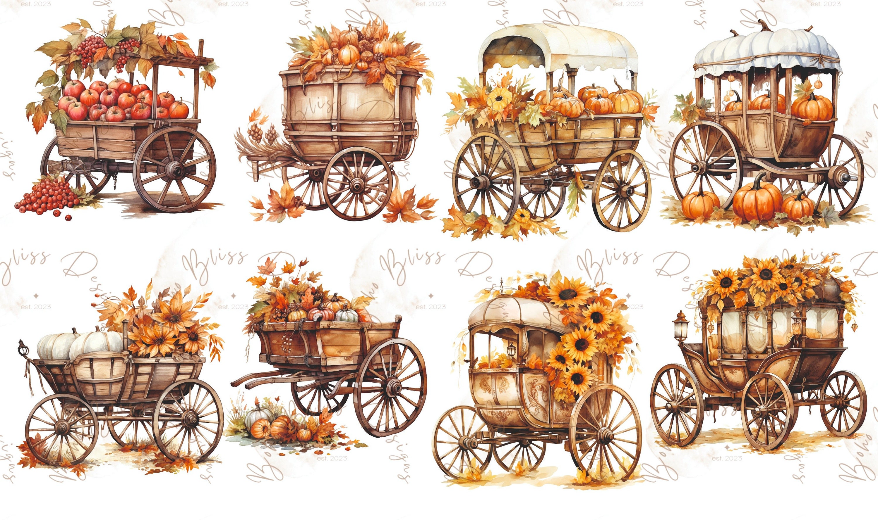 Watercolor Pumpkin Wagon Clipart Bundle, Watercolor Fall Wheelbarrows ...