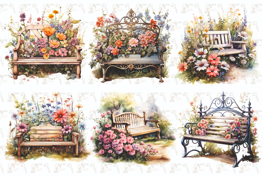 Watercolor Garden Benches Clipart, Spring Clipart, Park Bench Png ...