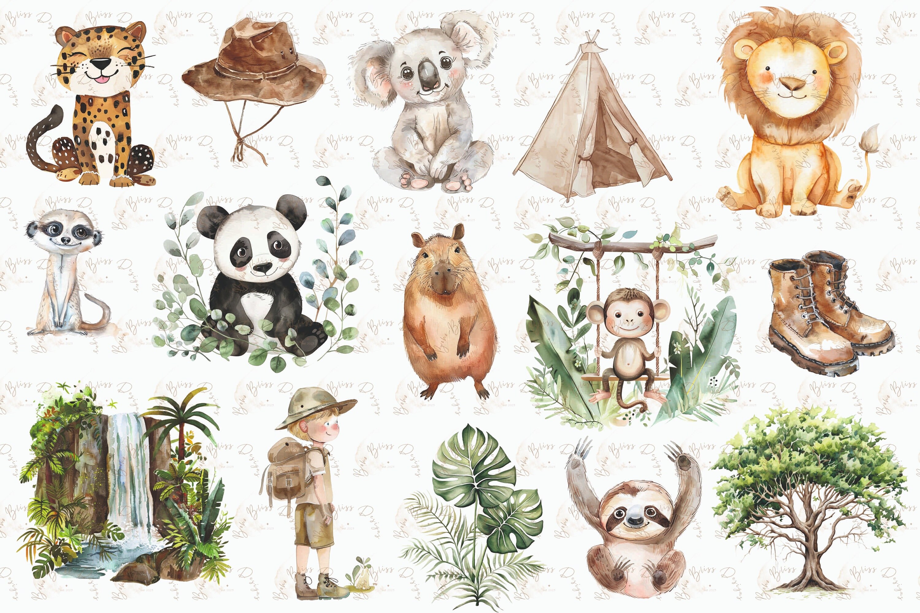 Cute Jungle Animals Clipart, Safari Baby Animal PNG, Watercolor Animal ...