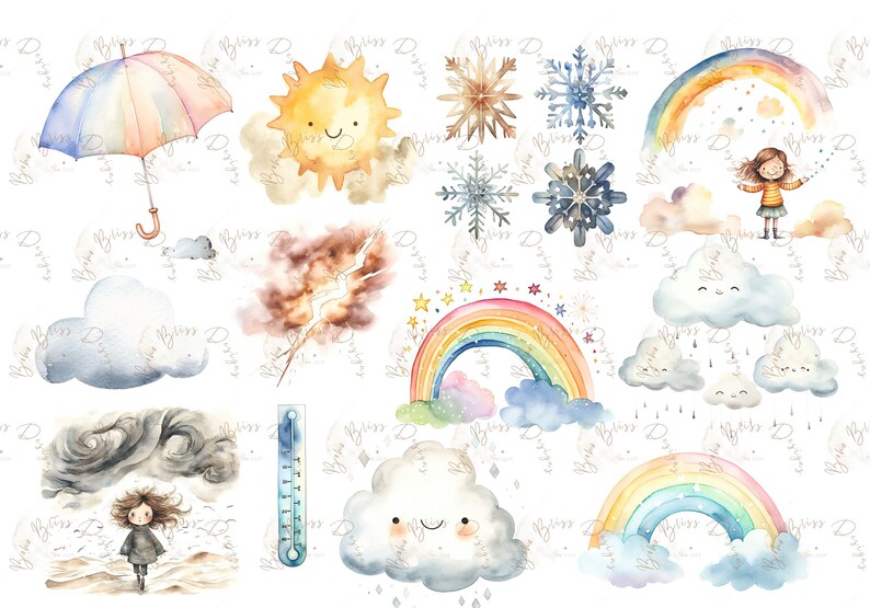 Weather Clip Art, Rainbow Clipart, Cute Weather Clipart, Cute Weather ...