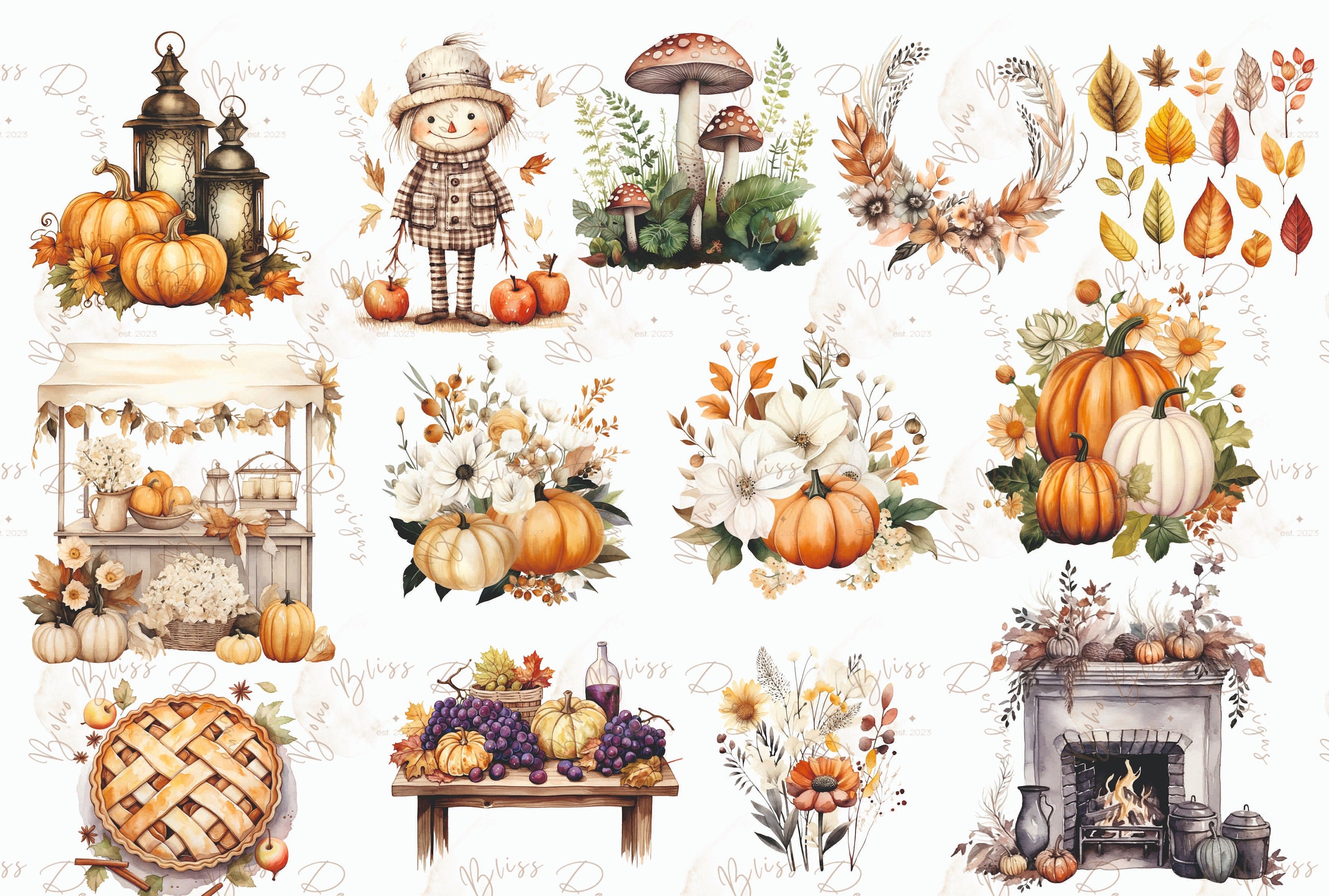 Watercolor Fall Decor Clipart, Watercolor Autumn Clipart, Watercolor ...