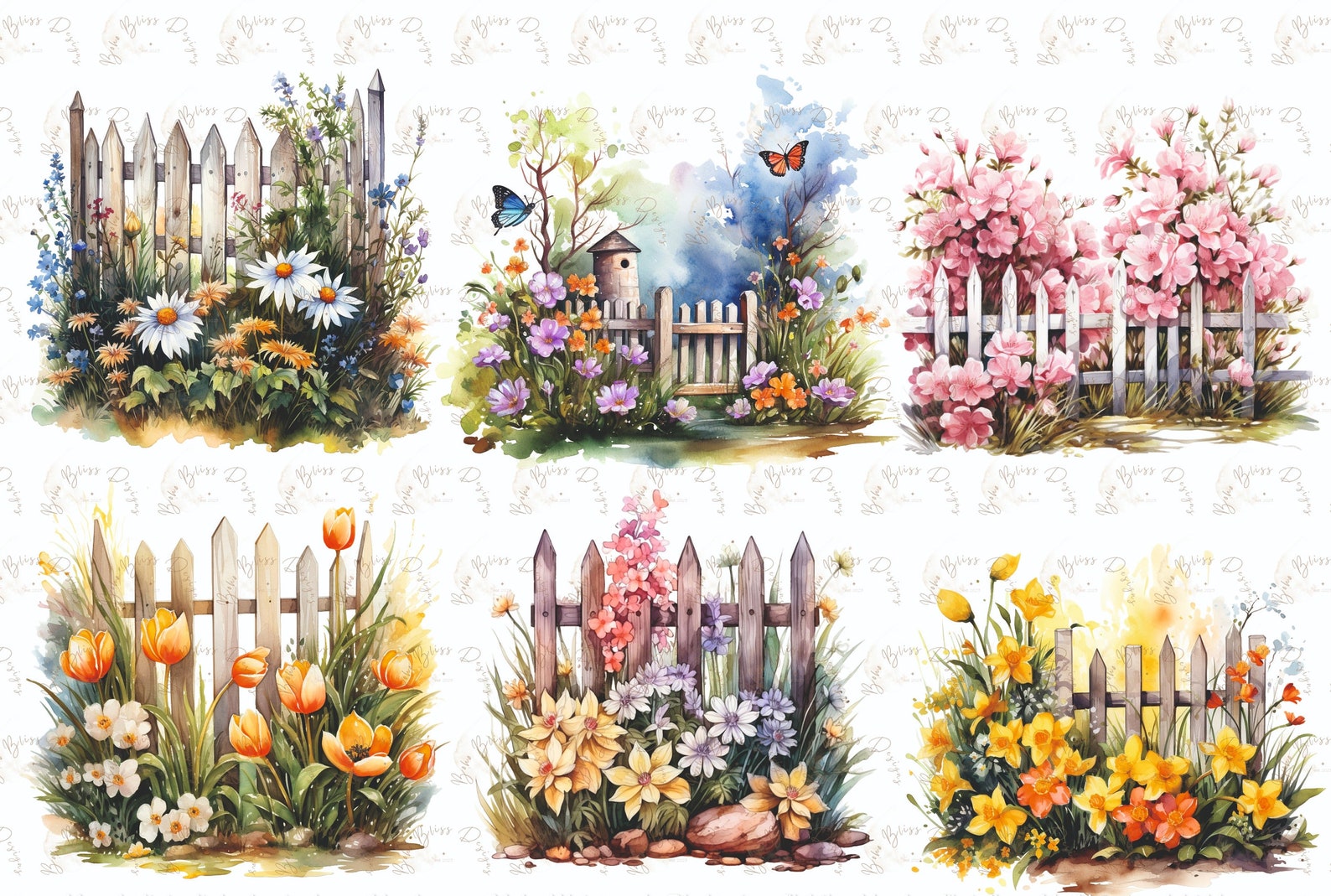 Spring Clipart Watercolor Garden Fences Clipart Spring - Etsy