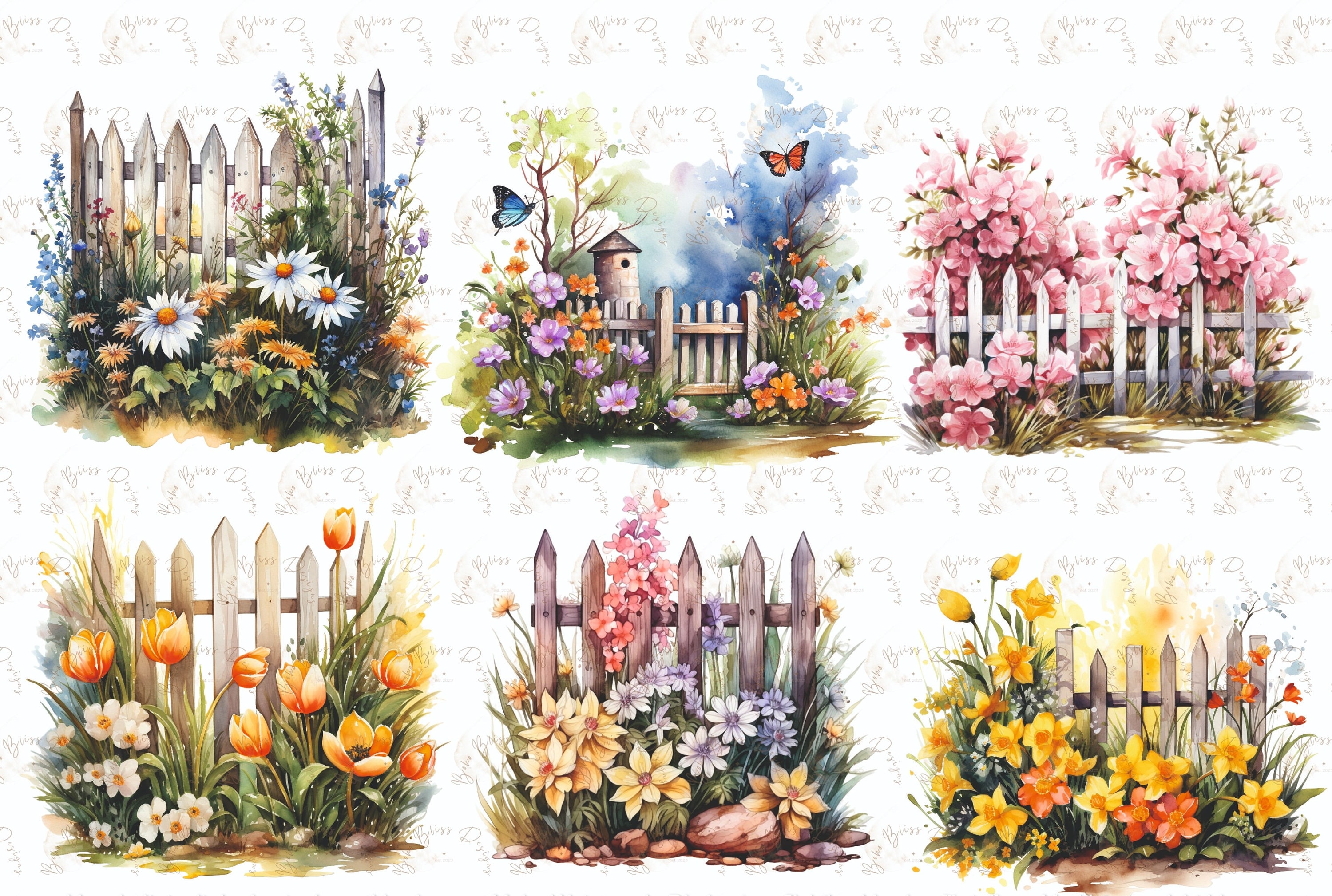 Spring Clipart Watercolor Garden Fences Clipart Spring - Etsy