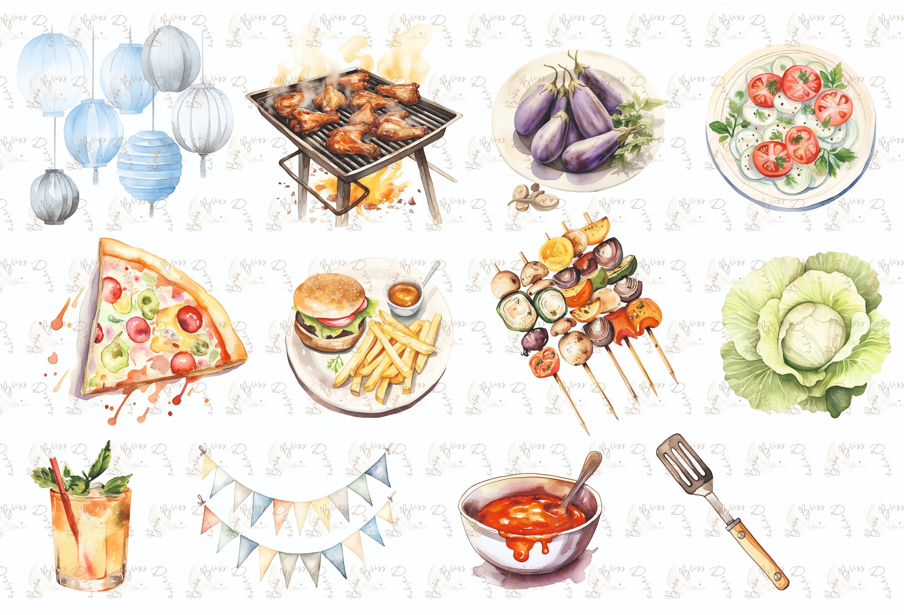 Watercolor BBQ Clipart, Barbeque Items Download, American Culture, BBQ ...