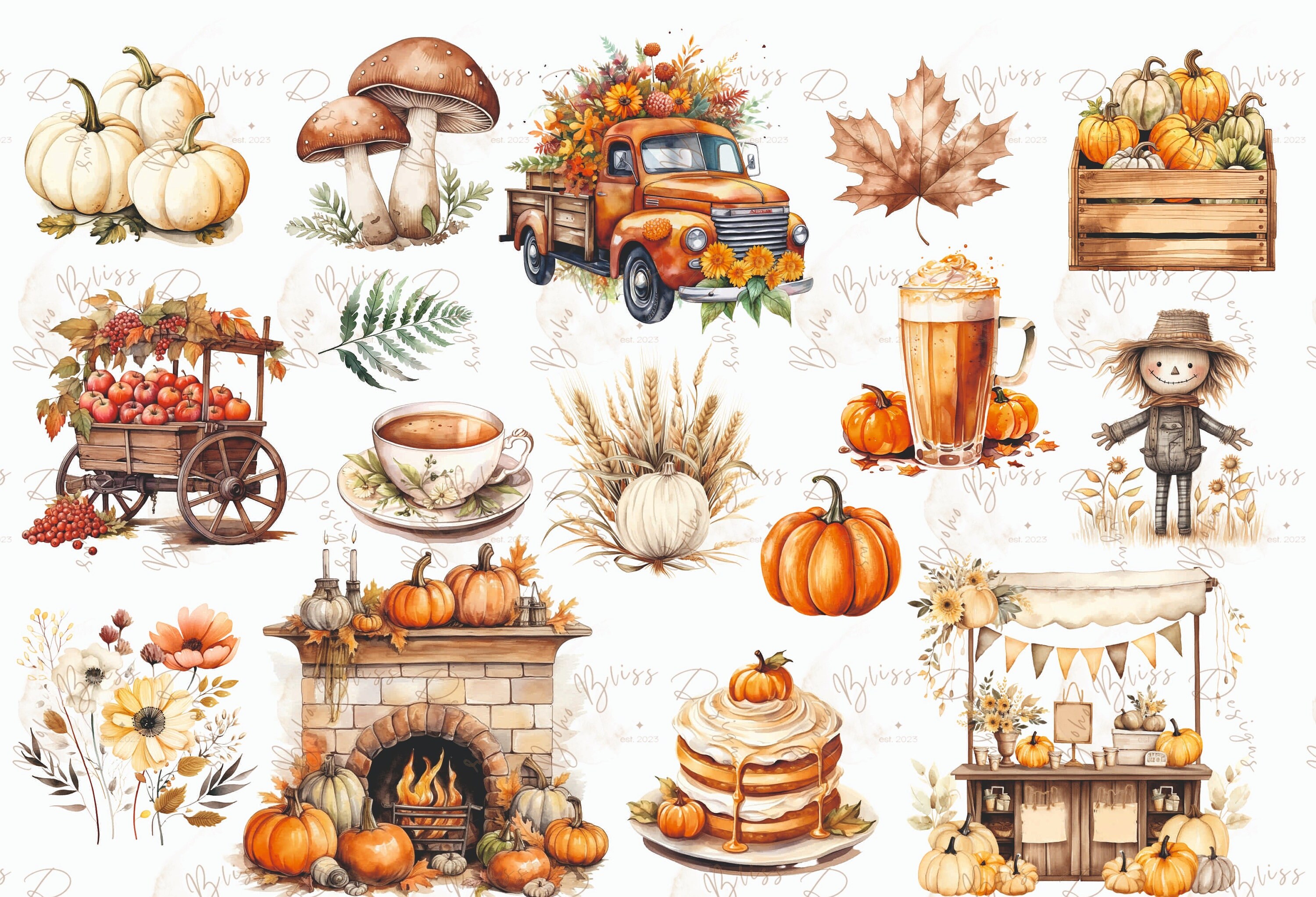Watercolor Fall Decor Clipart, Watercolor Autumn Clipart, Watercolor ...