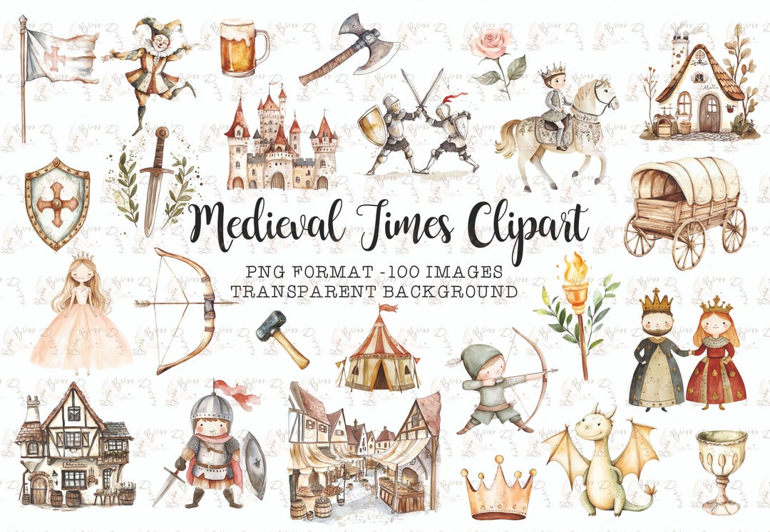 Cute Medieval Town Clipart Bundle, Watercolor Middle Ages, Knight ...