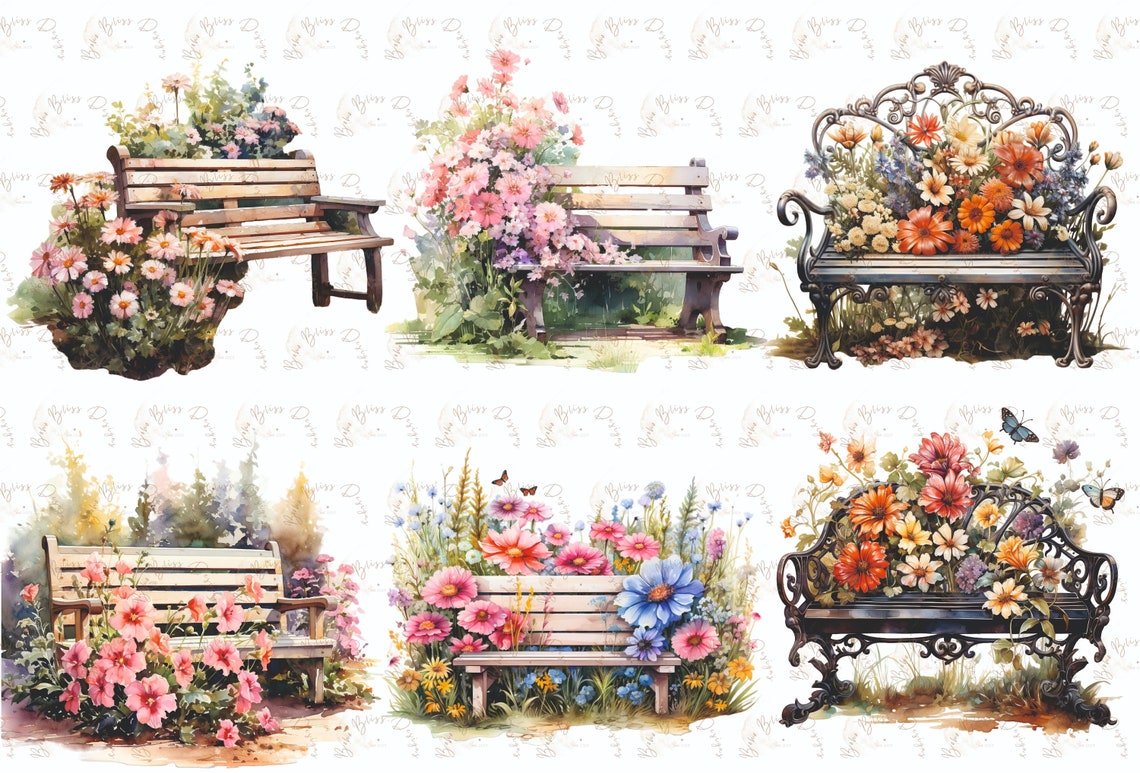 Watercolor Garden Benches Clipart, Spring Clipart, Park Bench Png ...
