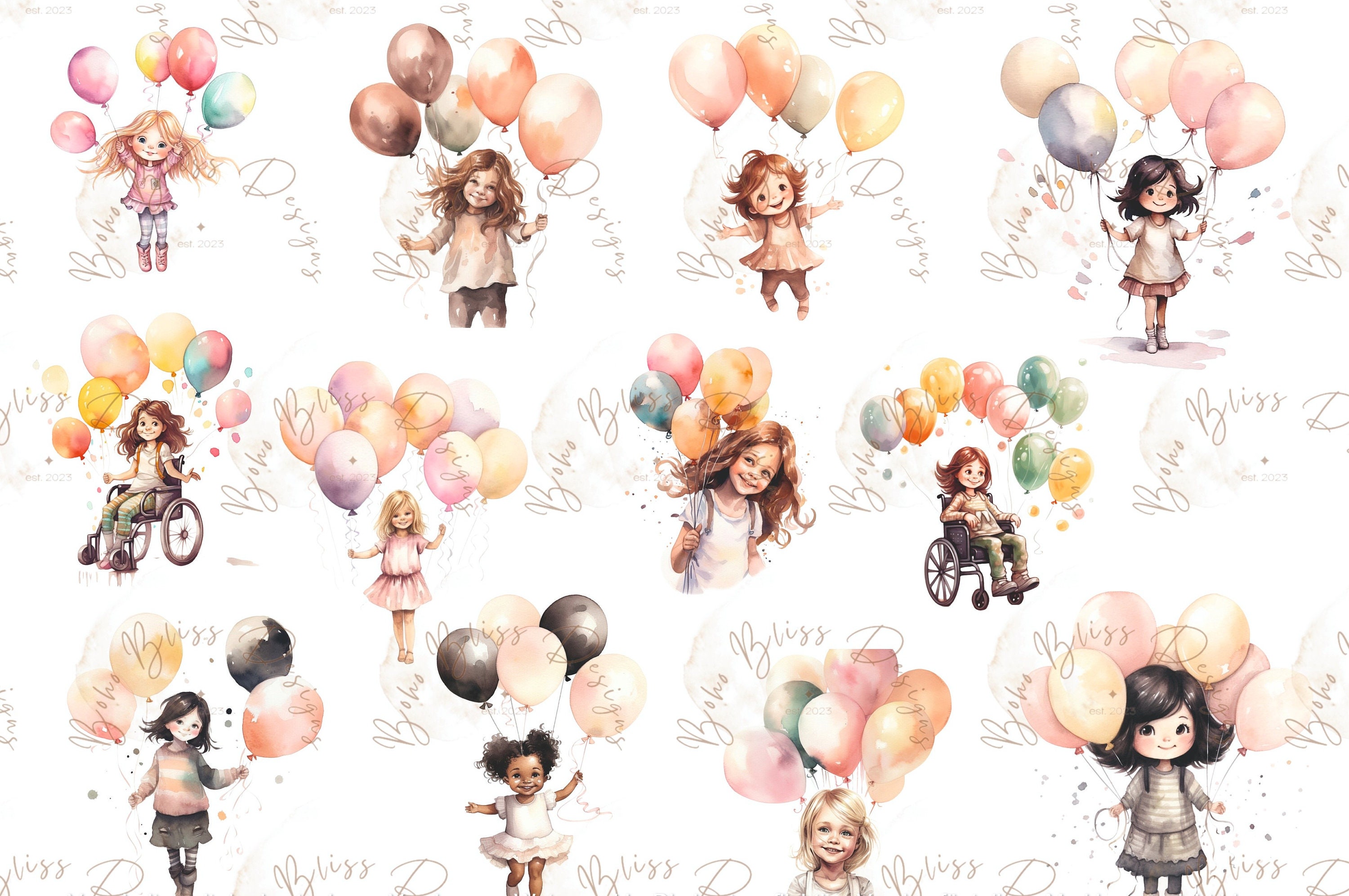 Clipart Birthday Girl With Balloons Girl Pink Pastel Boho Children's ...