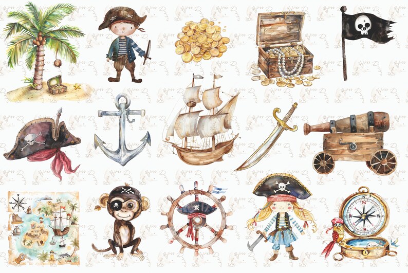 Watercolor Pirates Clipart, Buccaneers Download, Pirate Graphics ...