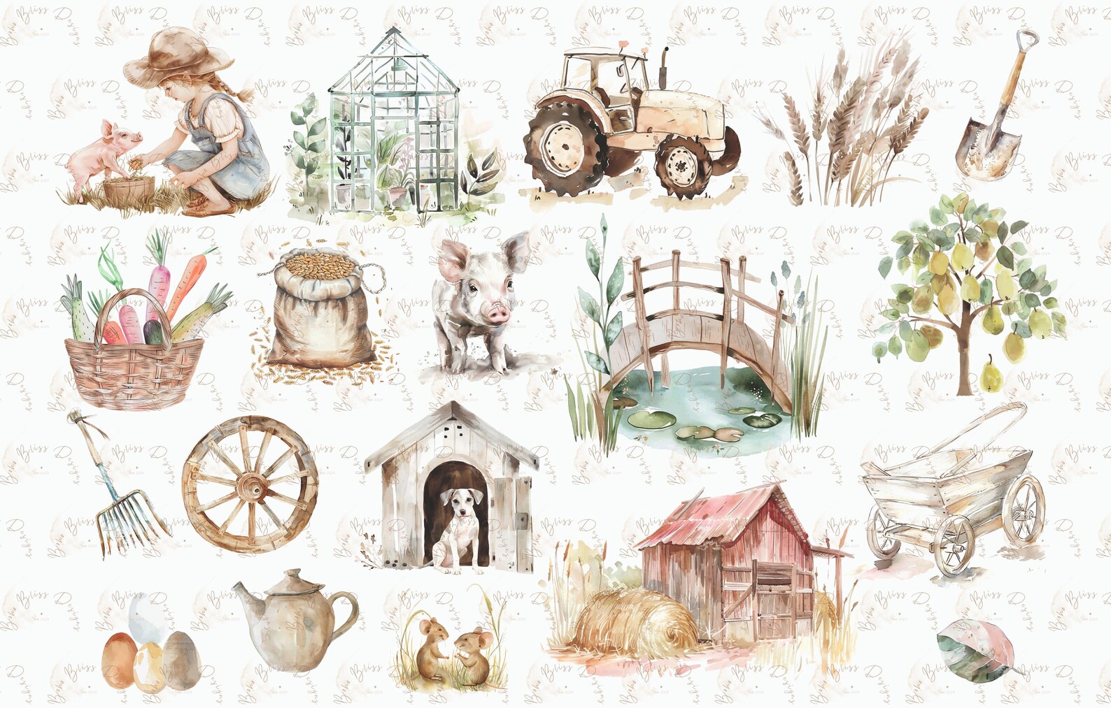 Cute Farm Clipart, Farm Animals Watercolor Digital Clipart, Farm ...