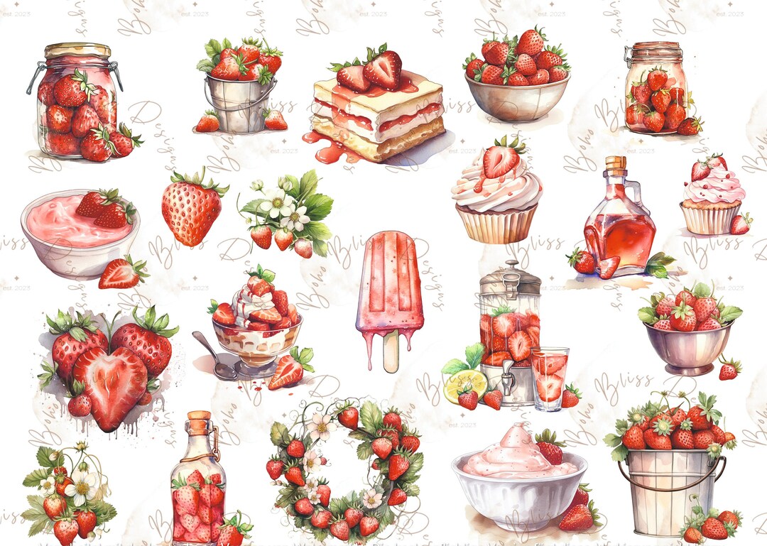 Clipart Bundle Strawberries Strawberries Watercolor Strawberry Cute ...