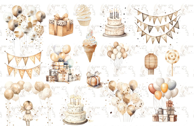 Birthday Clipart, Birthday Cake Clipart Boho, Watercolor Birthday ...