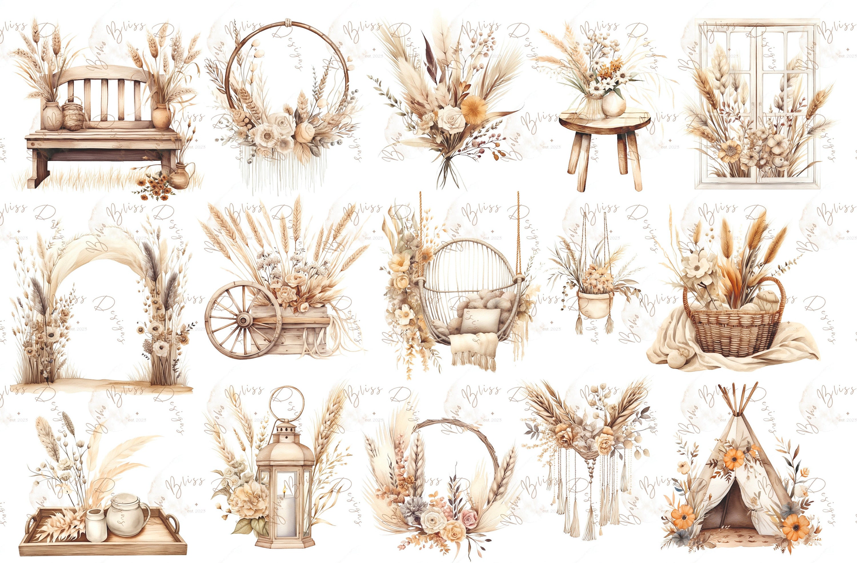 Watercolor Boho Clipart, Boho Florals, Wedding Clipart, Baby Shower ...