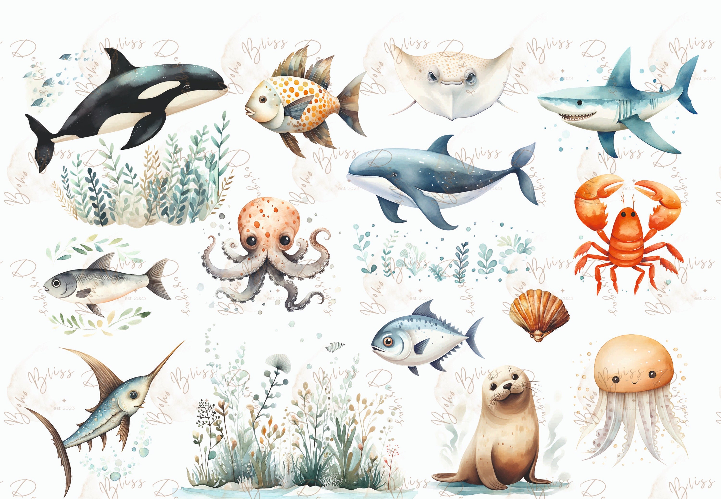 Ocean Clipart, Under the Sea Clipart, Sea Animals Watercolor Clipart ...
