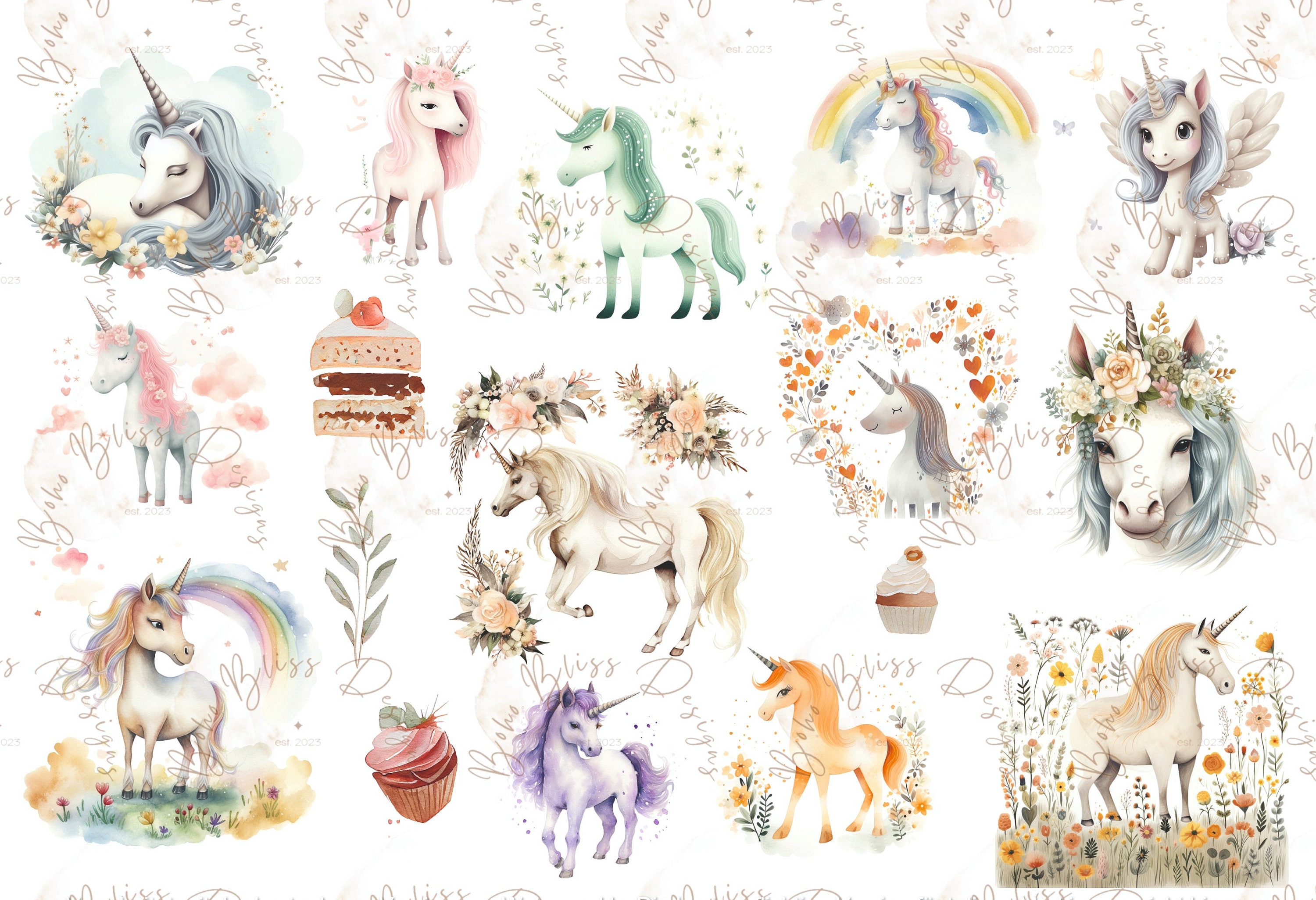 Unicorn Watercolor Clipart PNG Bundle, Cute Rainbow Unicorns, Pastel ...