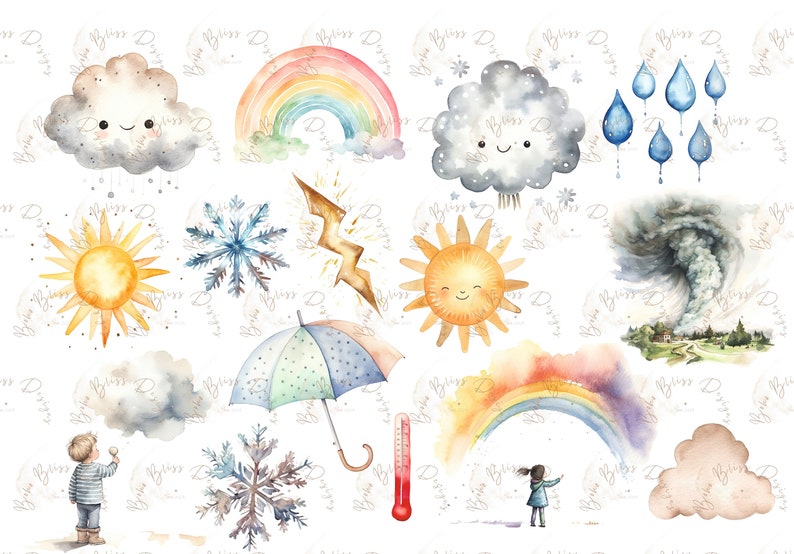 Weather Clip Art, Rainbow Clipart, Cute Weather Clipart, Cute Weather ...