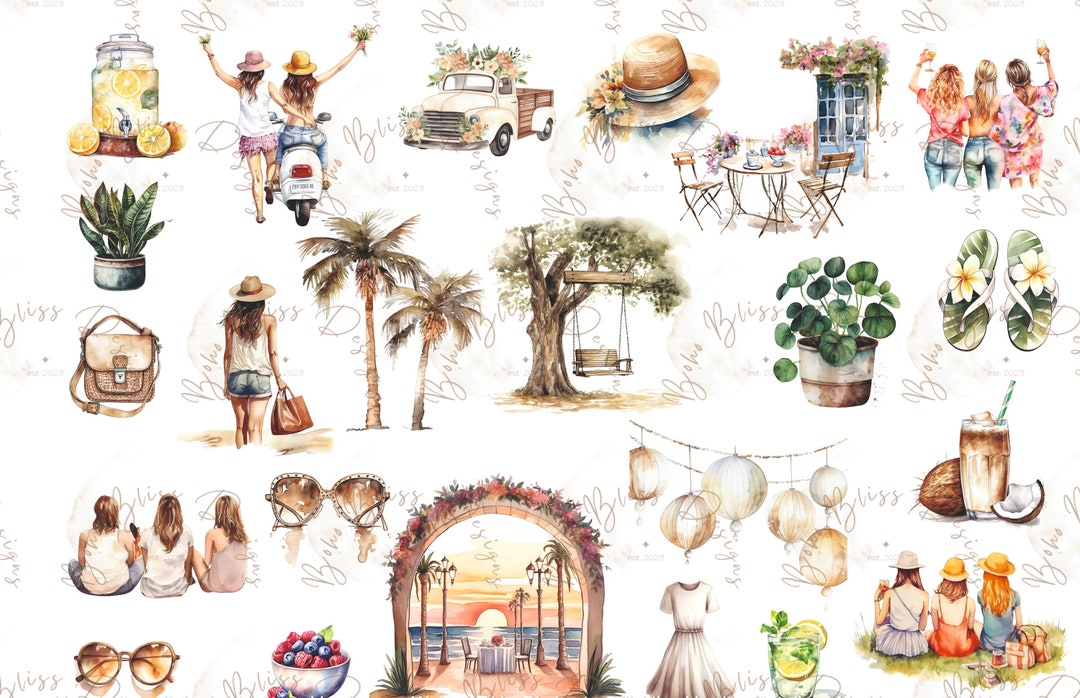 Tropical Clip Art, Watercolor Summer Clipart Set, Beach Clipart ...