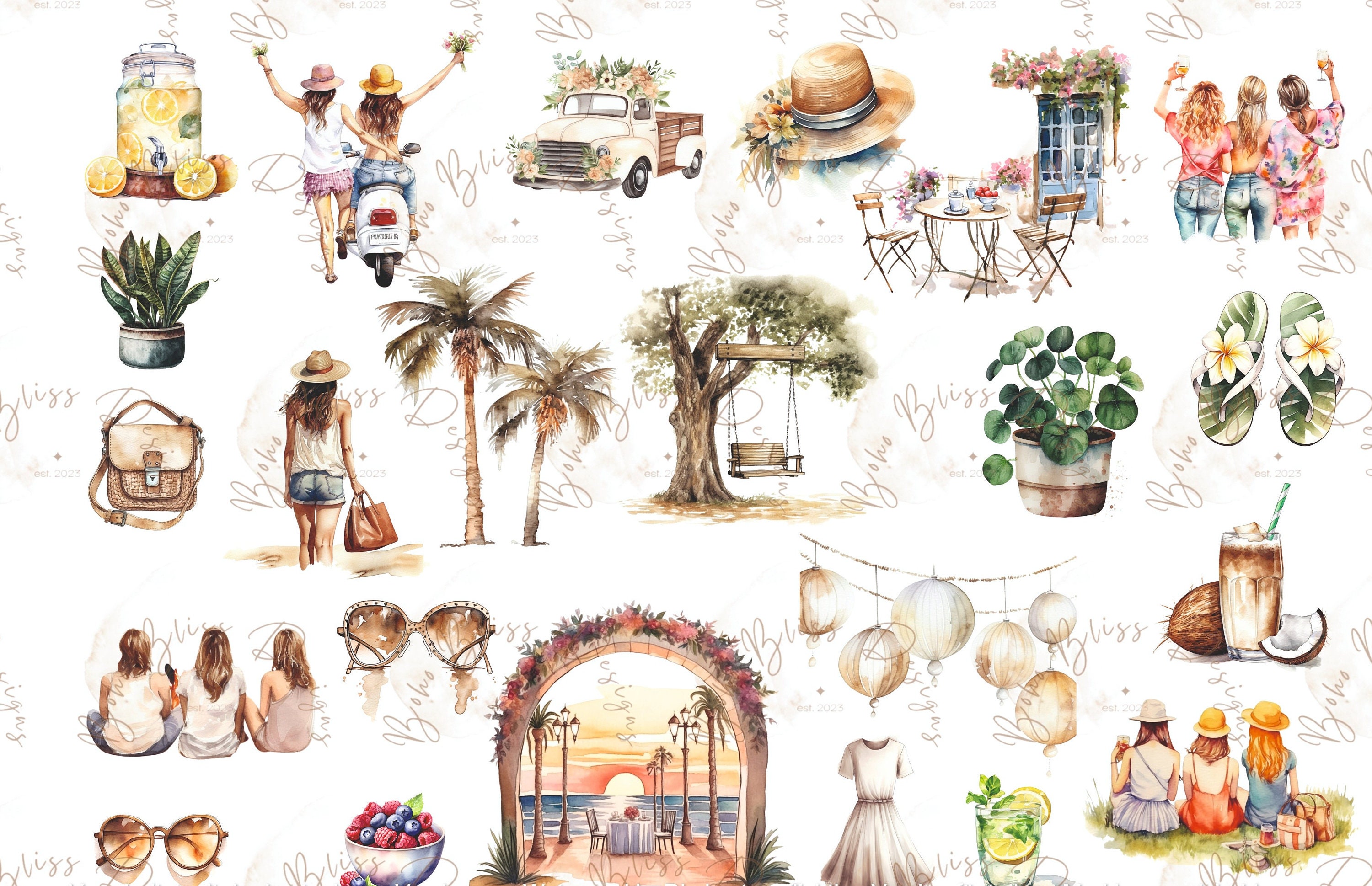 Tropical Clip Art, Watercolor Summer Clipart Set, Beach Clipart ...