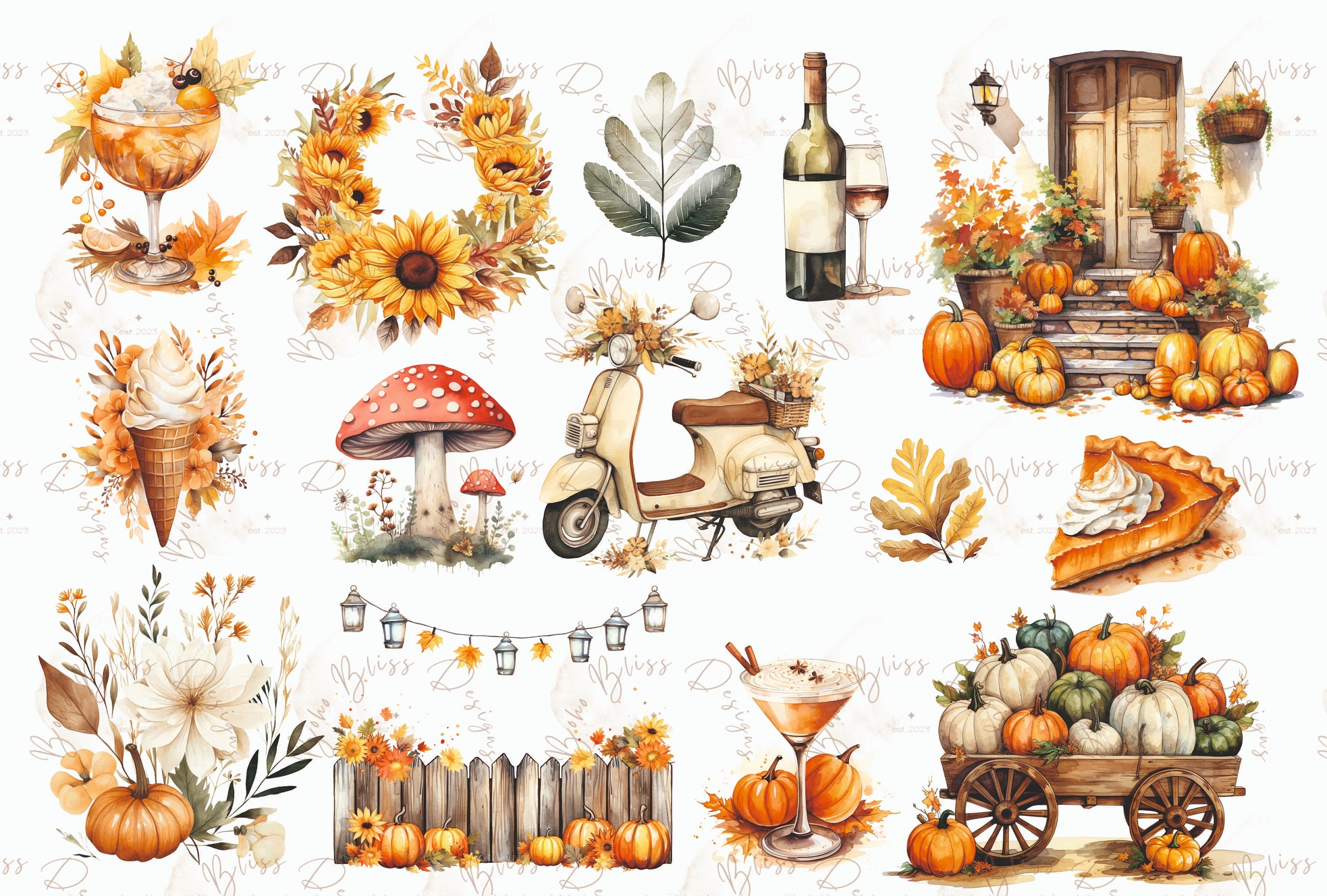 Watercolor Fall Decor Clipart, Watercolor Autumn Clipart, Watercolor ...