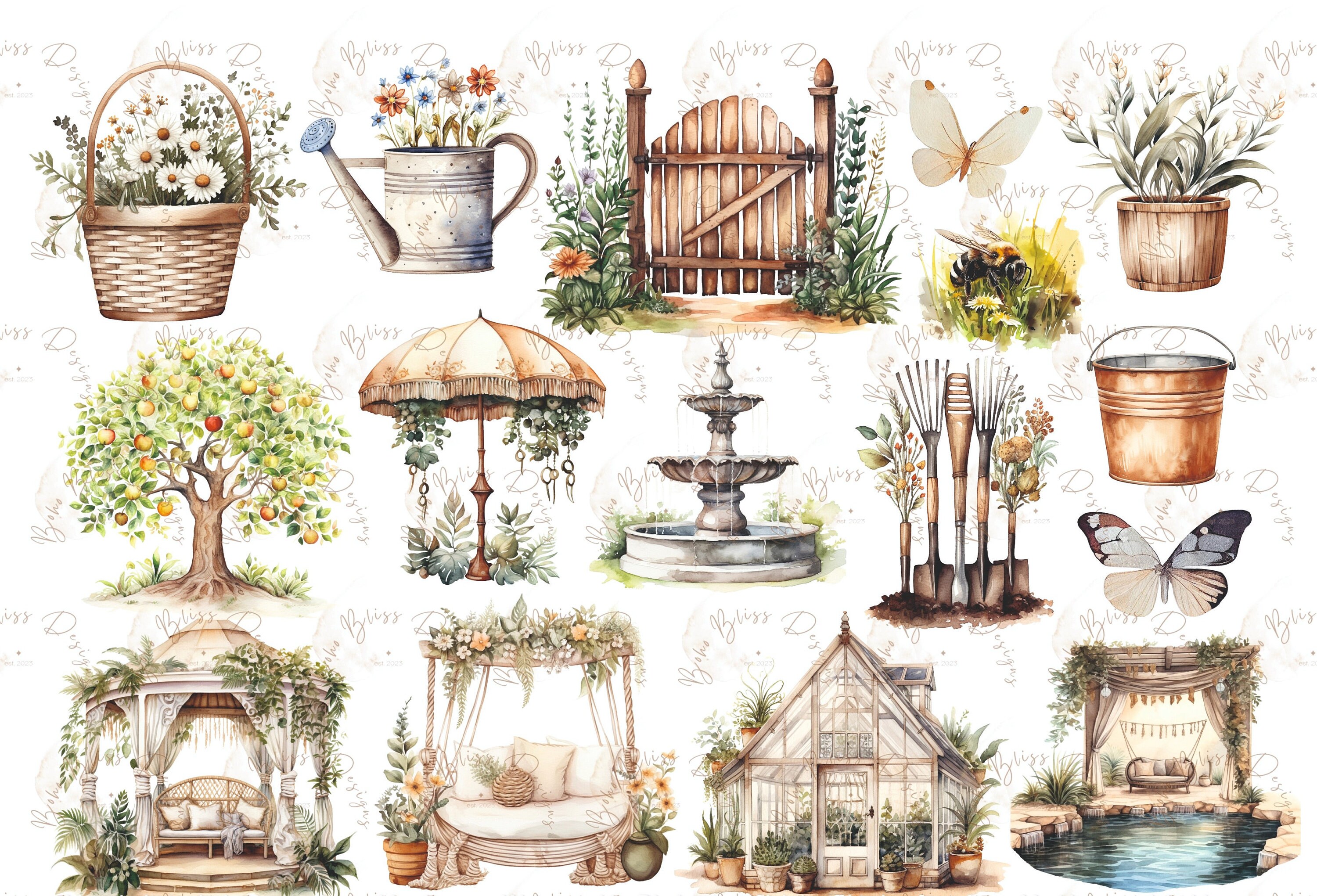 Gardening Clipart set, Watercolor Garden, Garden Clipart, Watercolor ...