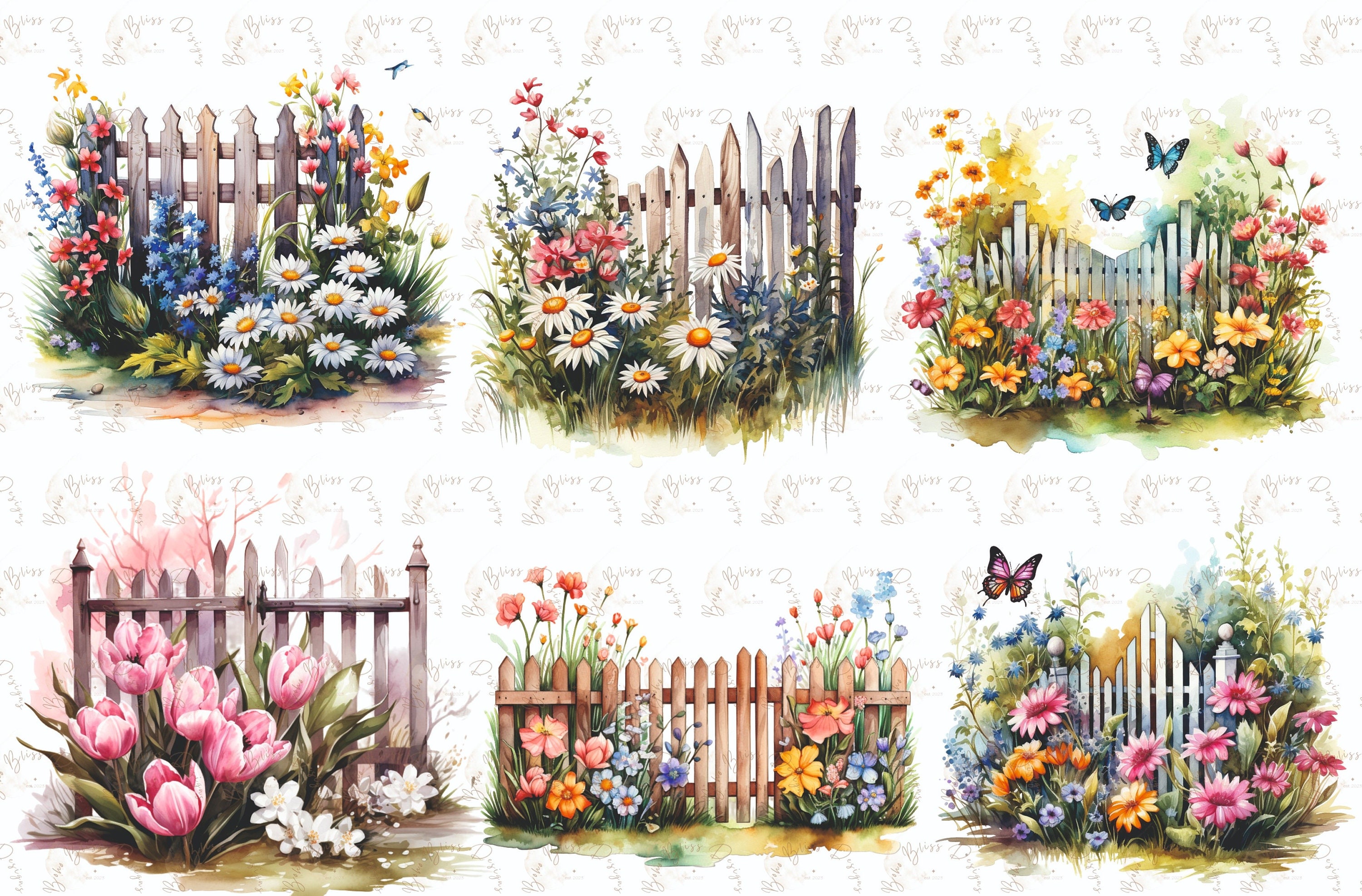Spring Clipart Watercolor Garden Fences Clipart Spring - Etsy