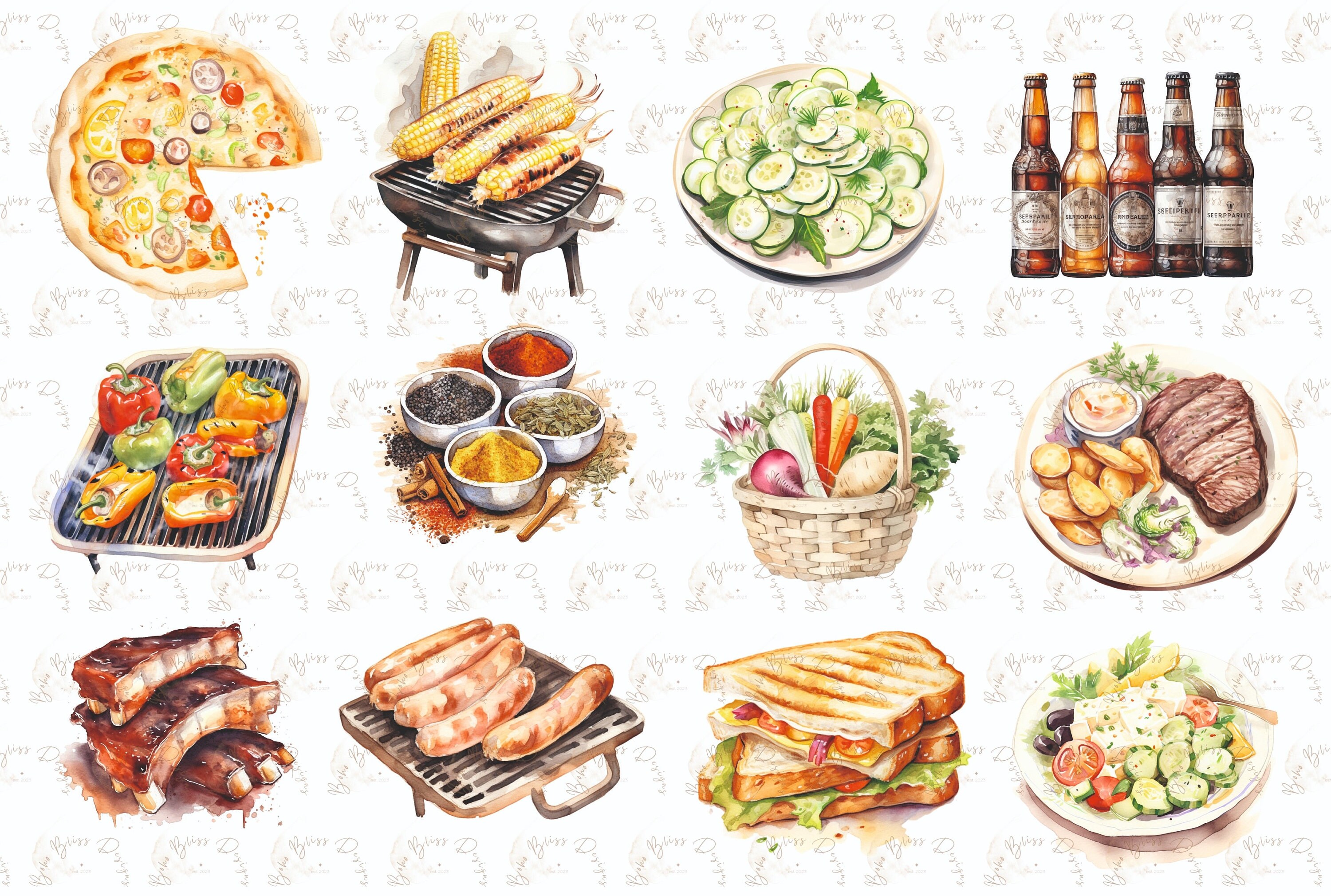 Watercolor Barbecue Clipart, Cookout Clipart, Barbecue Illustration ...