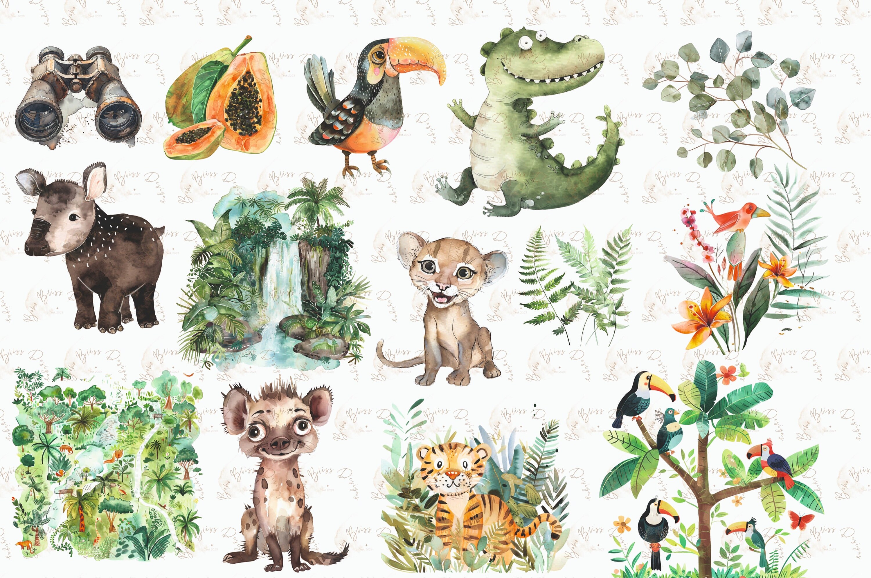 Cute Jungle Animals Clipart, Safari Baby Animal PNG, Watercolor Animal ...