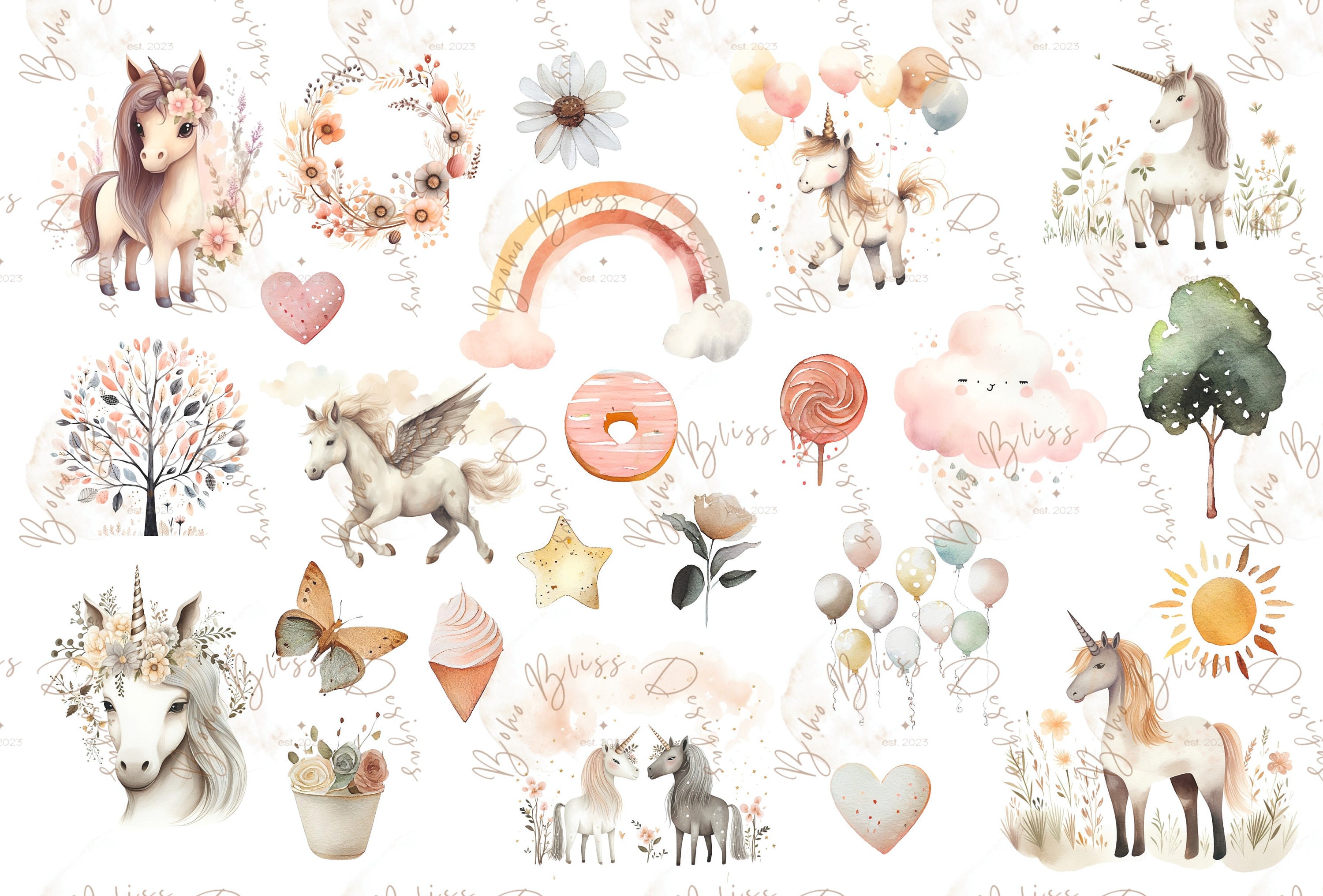 Unicorn Watercolor Clipart PNG Bundle, Cute Rainbow Unicorns, Pastel ...