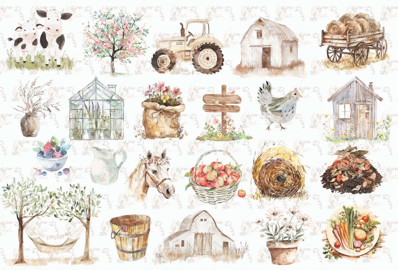 Cute Farm Clipart, Farm Animals Watercolor Digital Clipart, Farm ...