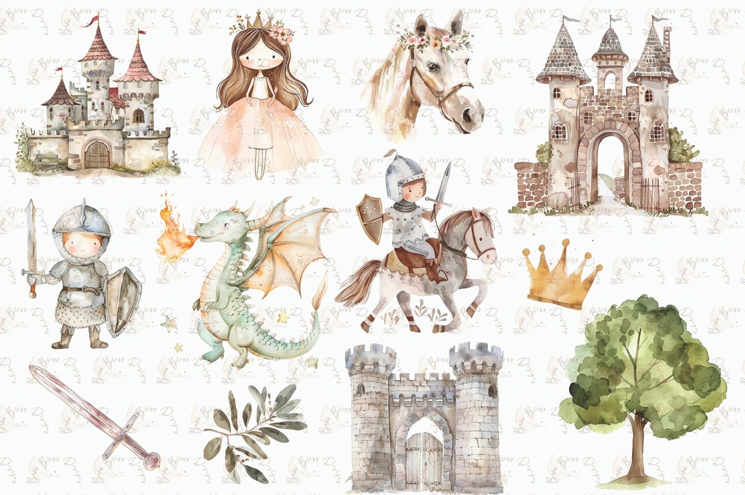 Cute Medieval Town Clipart Bundle, Watercolor Middle Ages, Knight ...