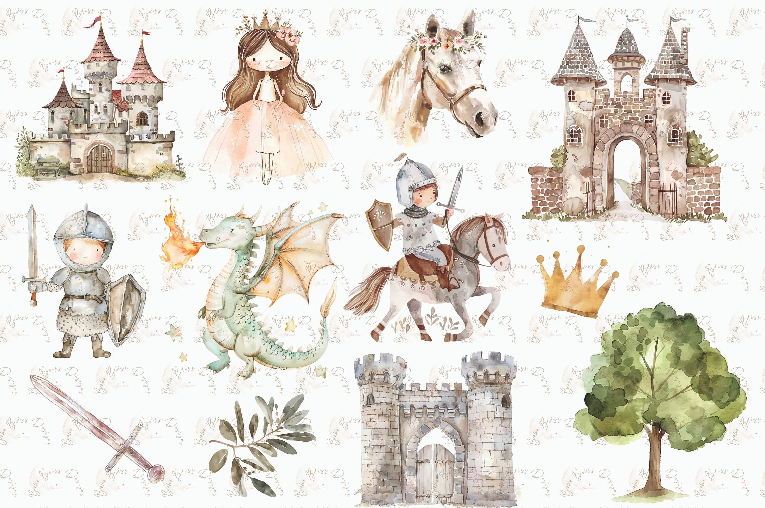 Cute Medieval Town Clipart Bundle, Watercolor Middle Ages, Knight ...