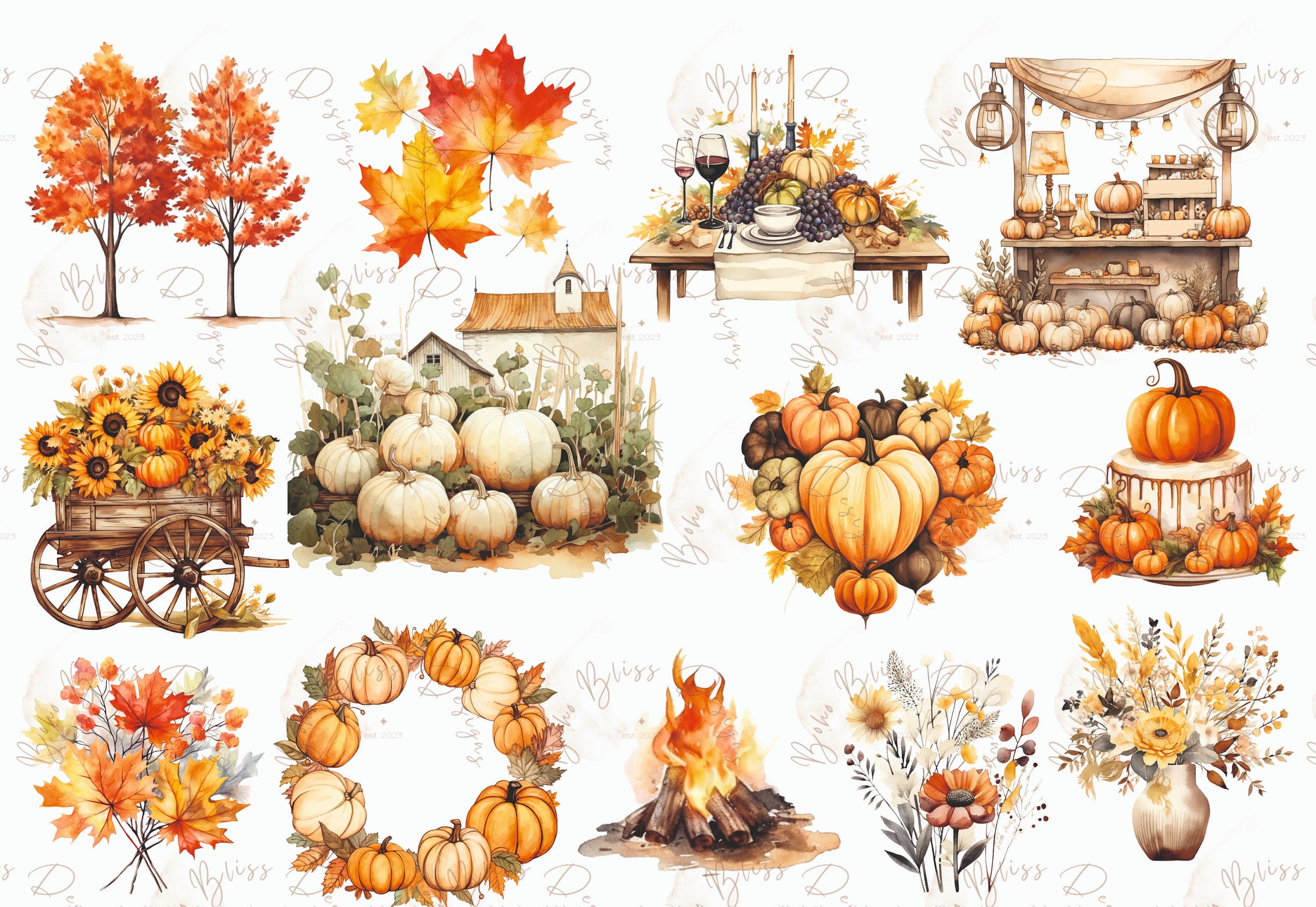 Watercolor Fall Decor Clipart, Watercolor Autumn Clipart, Watercolor ...