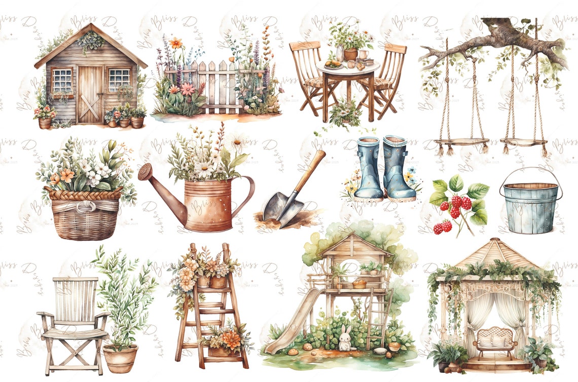 Gardening Clipart set, Watercolor Garden, Garden Clipart, Watercolor ...